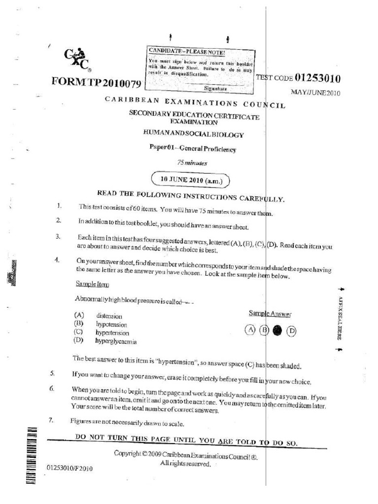 CXC HSB Paper 1 2010 | PDF