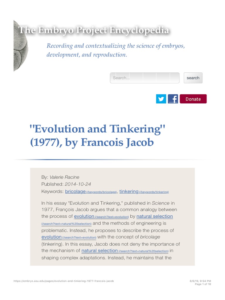 Evolution and Tinkering 1977 by Francois Jacob The Embryo Project Encyclo | PDF | Evolution | Gene