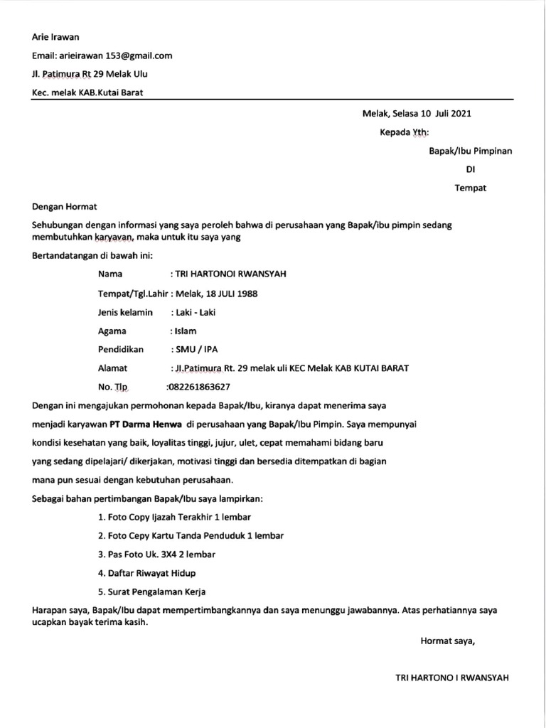 Lamaran Kerja Tri Hartono | PDF