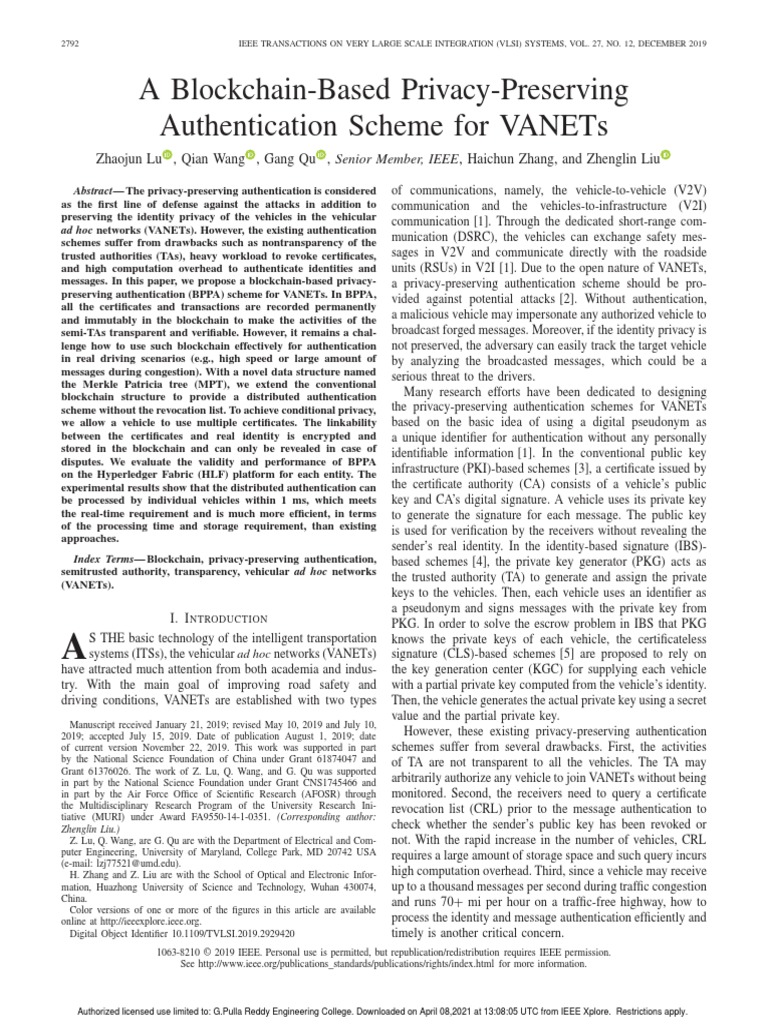A Blockchain-Based Privacy-Preserving Authentication Scheme For VANETs | PDF | Public Key ...