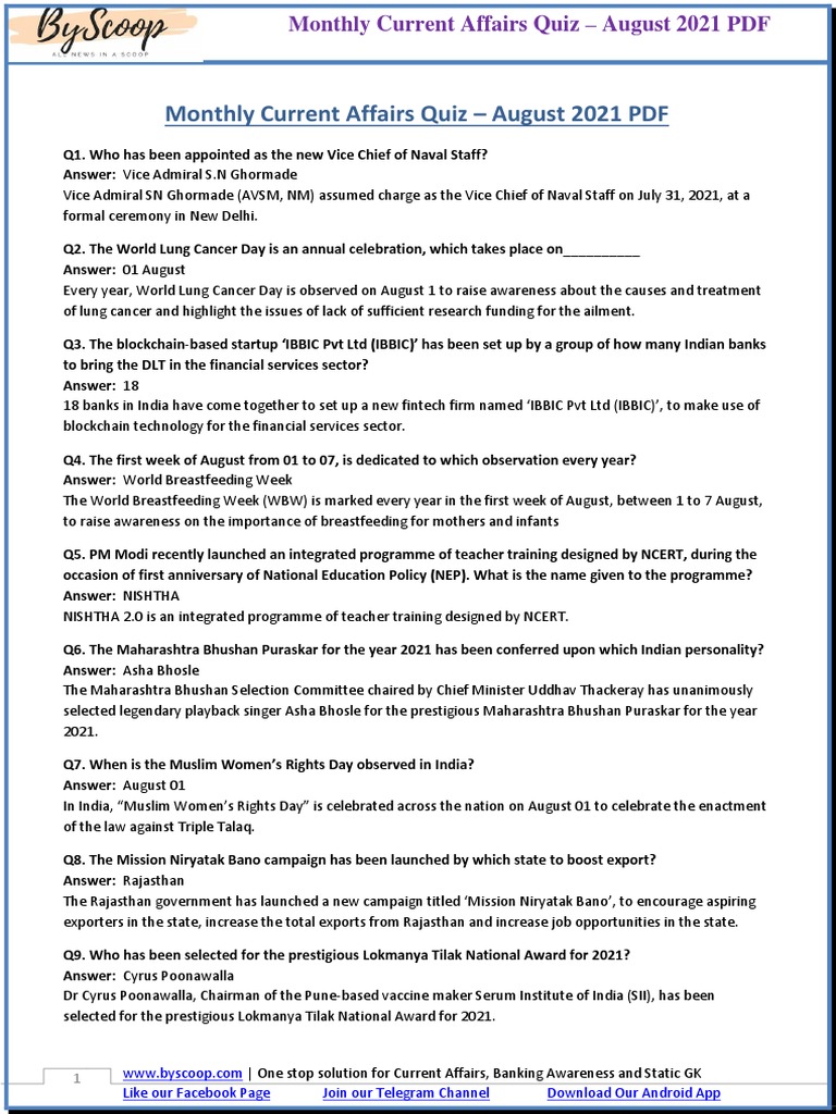 Current Affairs Questions and Answers August 2021 | PDF | Reserve Bank ...