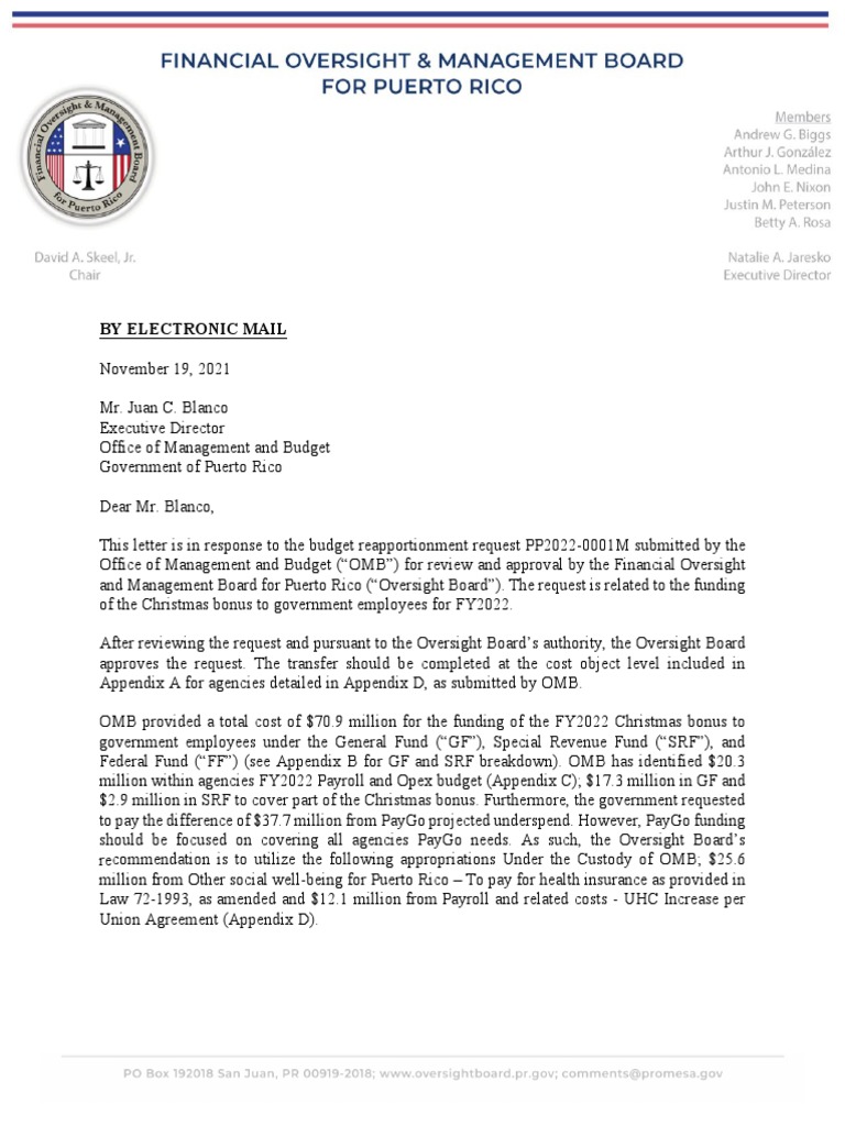 FOMB - Letter - OMB - Christmas Bonus FY22 | PDF | Office Of Management ...