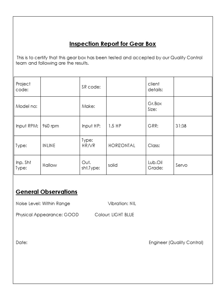 Inspection Report For LT Gear Box | PDF