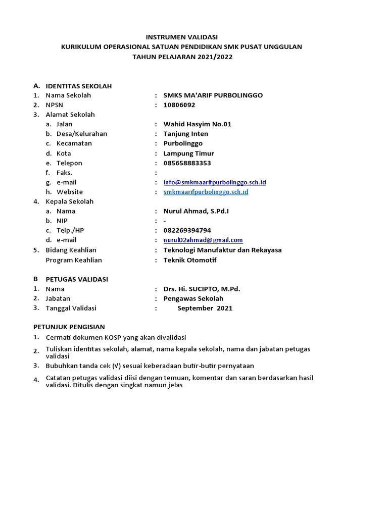 Instrumen Validasi KOSP | PDF