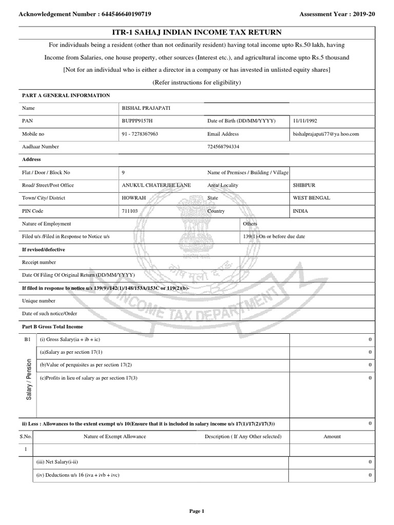 Itr-1 Sahaj Indian Income Tax Return: Acknowledgement Number ...
