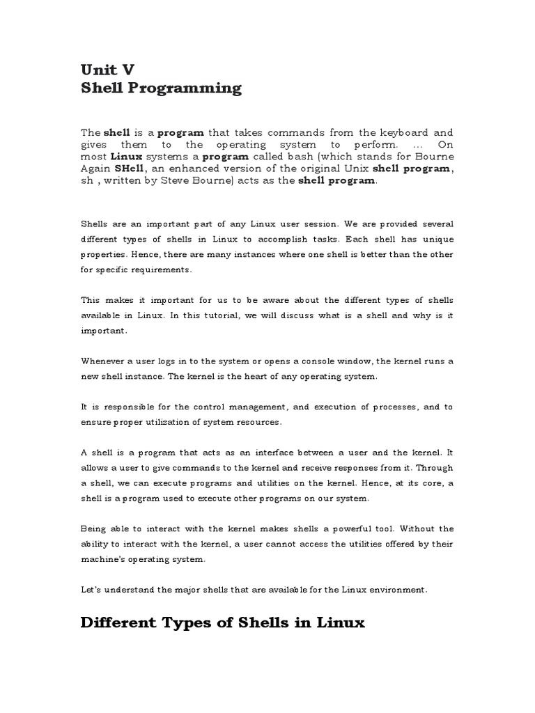 Unit-5 Shell Programming | PDF | Shell (Computing) | Operating System Unit-5 Shell Programming | PDF | Shell (Computing) | Operating System