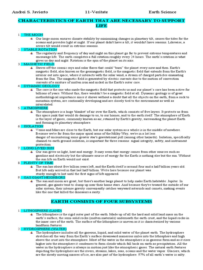 Characteristics of Earth That Are Necessary To Support Life | PDF ...