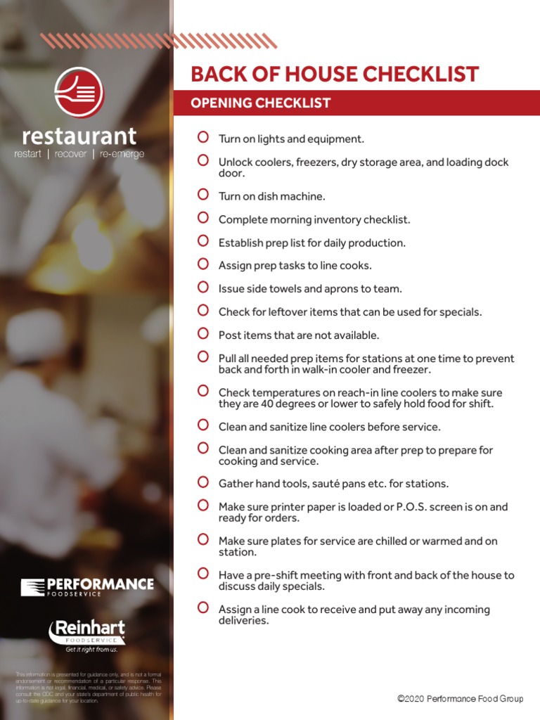 Restart Checklist BOH | PDF | Refrigerator | Foods