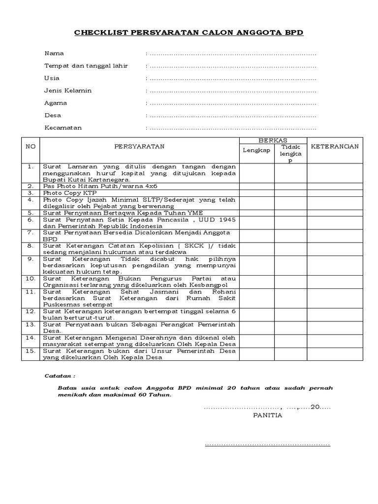 Checklist Calon Anggota BPD | PDF
