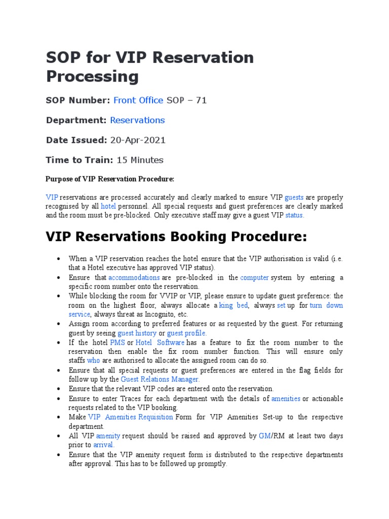 SOP For VIP Reservation Processing | PDF