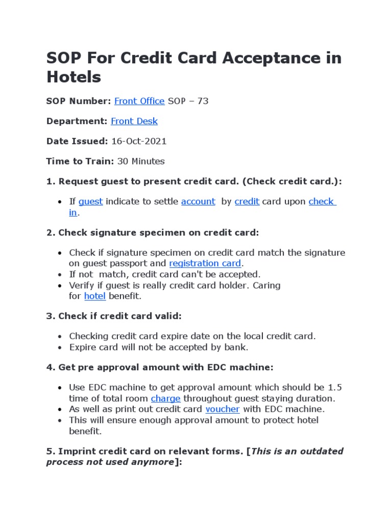 SOP Credit Card Acceptance Hotels | PDF | Credit Card | Credit