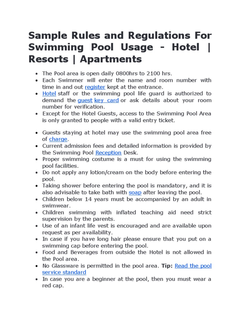 Sample Rules and Regulations For Swimming Pool Usage | PDF | Swimming ...
