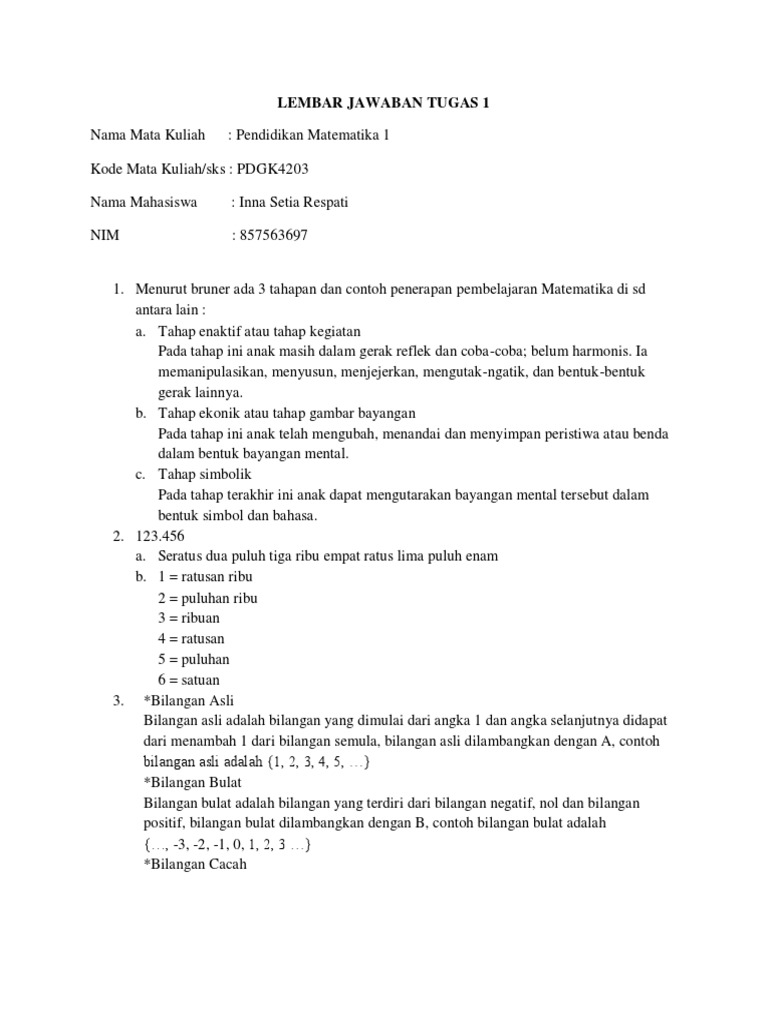 LEMBAR JAWABAN TUGAS 1 Pendidikan Matematika 1 | PDF | Karier & Perkembangan
