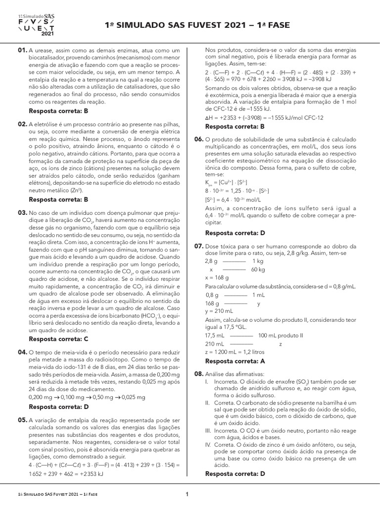 Simulado Sas Fuvest 2021 - 1 Fase - Gabarito Comentado e Resolvido ...