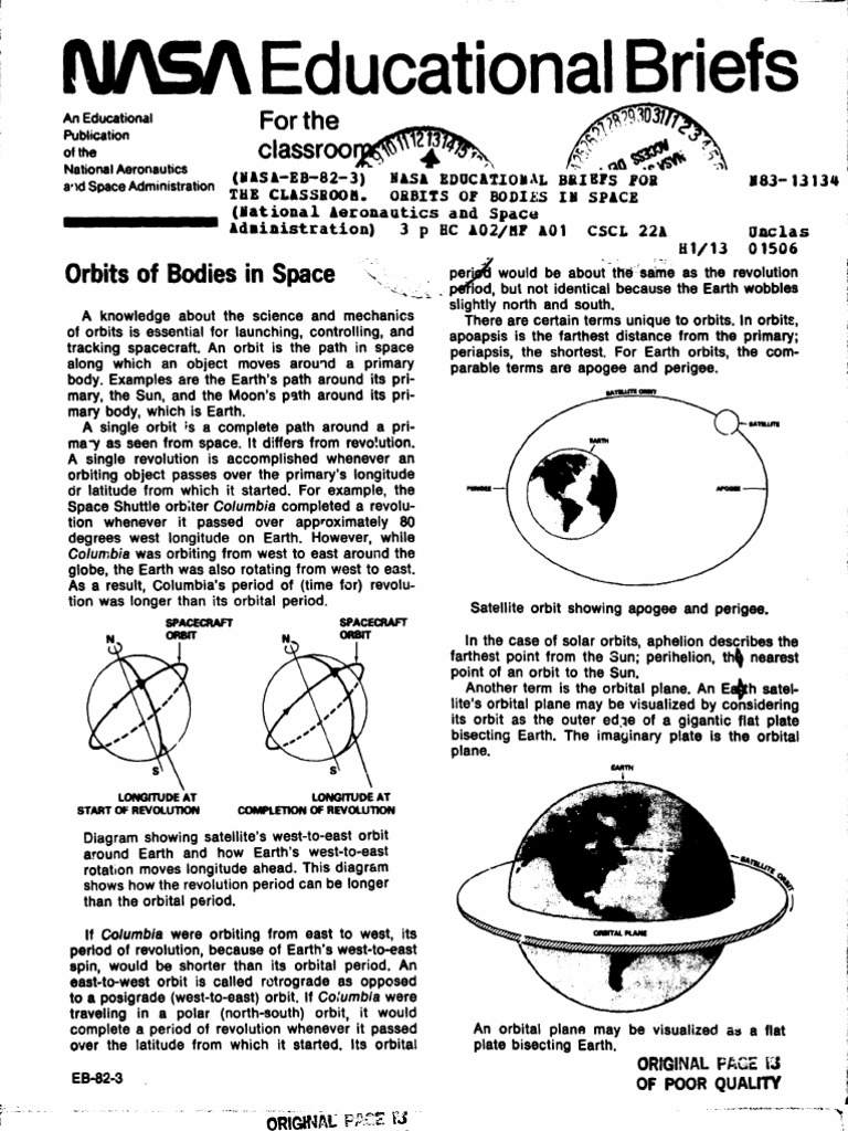 NASA Educational Briefs For The Classroom. Orbits of Bodies in Space | PDF | Orbit | Apsis