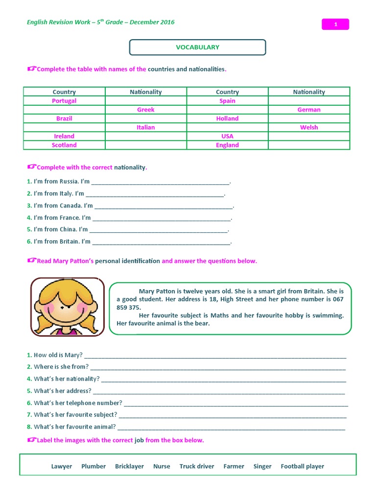 5th Grade English Revision Worksheets | PDF