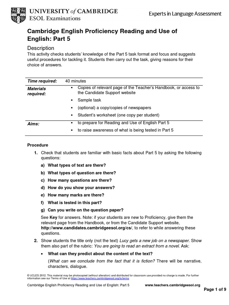 Cambridge English Proficiency Reading and Use of English Part 5 | PDF ...