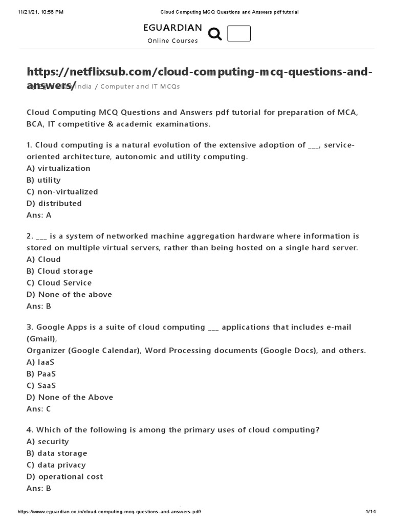 Cloud Computing MCQ Questions and Answers PDF Tutorial | PDF | Cloud Computing | Multiple Choice