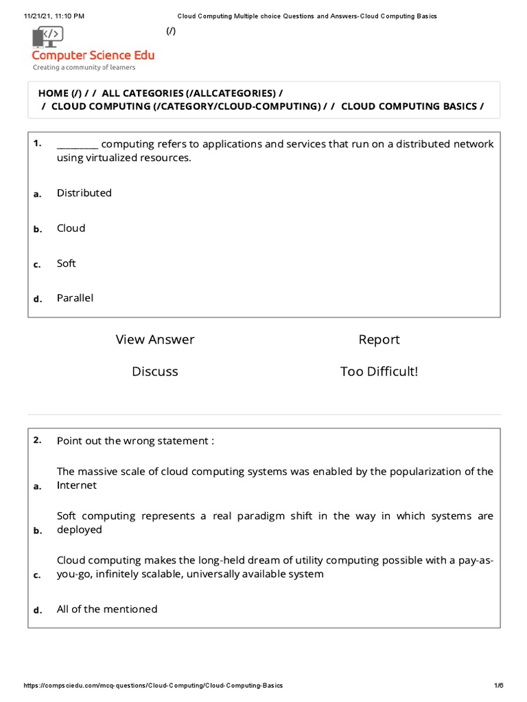 Cloud Computing Multiple Choice Questions And Answers Cloud Computing Basics Pdf Cloud