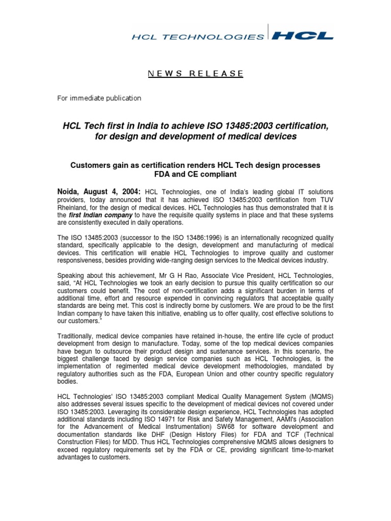 HCL Tech First in India To Achieve ISO 13485:2003 Certification, For ...