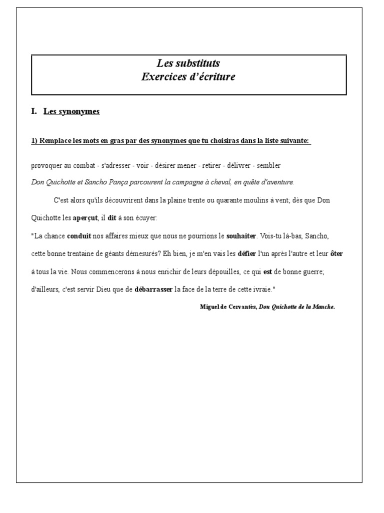 Exercices sur les substituts lexicaux | PDF | Odyssée | Don Quichotte