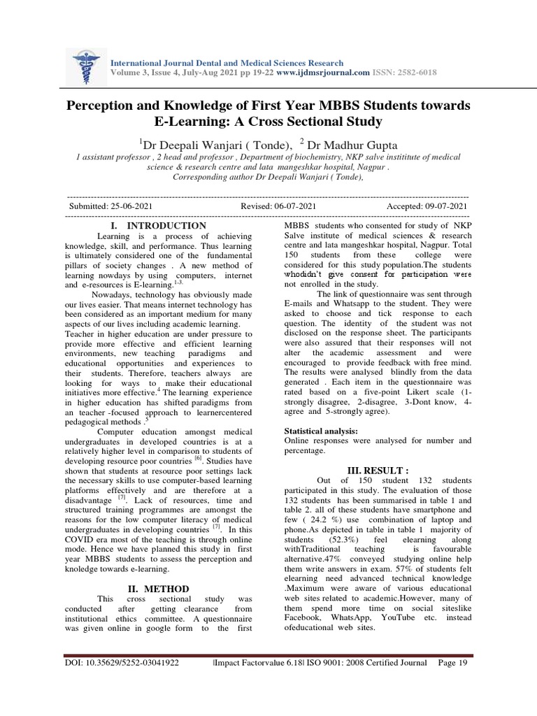 Perception and Knowledge of First Year MBBS Students Towards E Learning ...