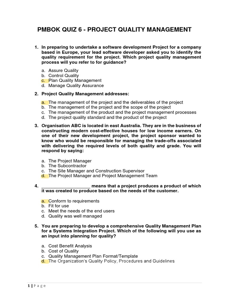 PMBOK QUIZ 6 - Quality 2019 | PDF | Project Management | Quality Management