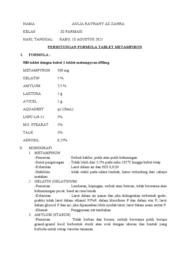 STANDARISASI FORMULA TABLET METAMPIRON | PDF