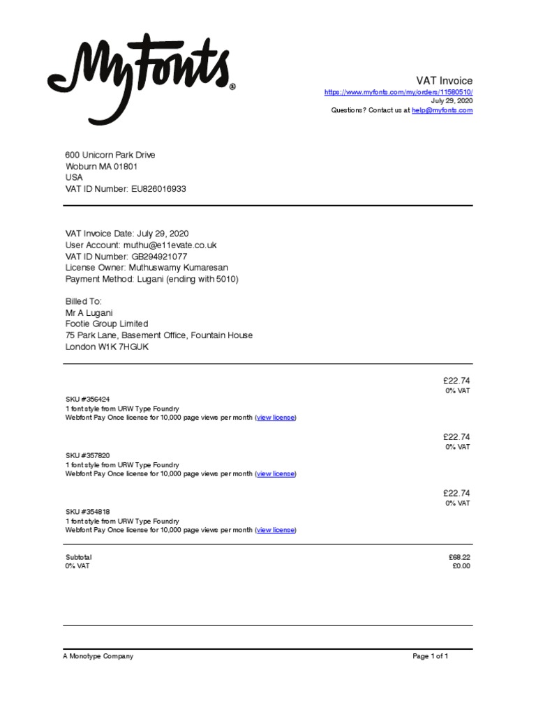 MyFonts VatInvoice M11580510 | PDF | Graphic Design | Digital Typography