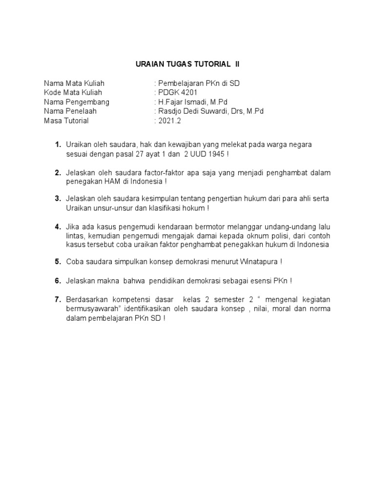 Uraian Tugas Tutorial II PKN PGSD Ut 2021.2 | PDF