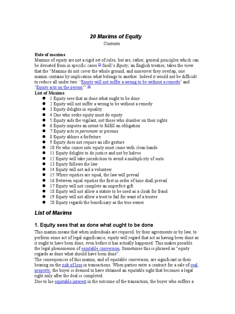 20 Maxims of Equity | PDF | Mortgage Law | Equity (Law)