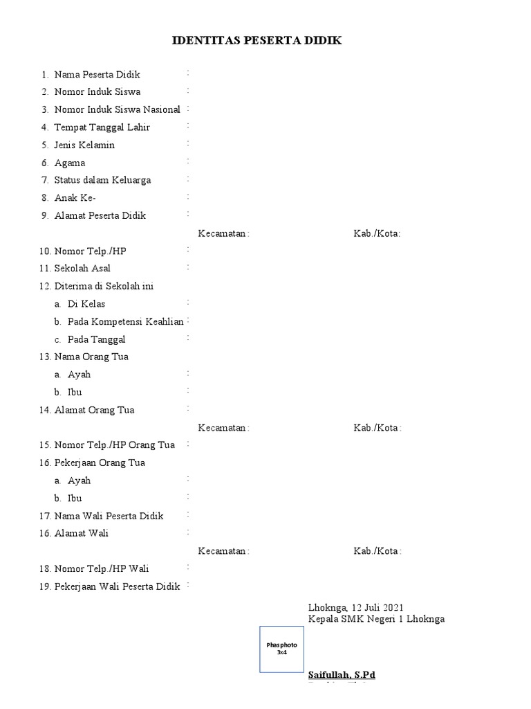 FORM IDENTITAS PESERTA DIDIK Untuk Raport | PDF