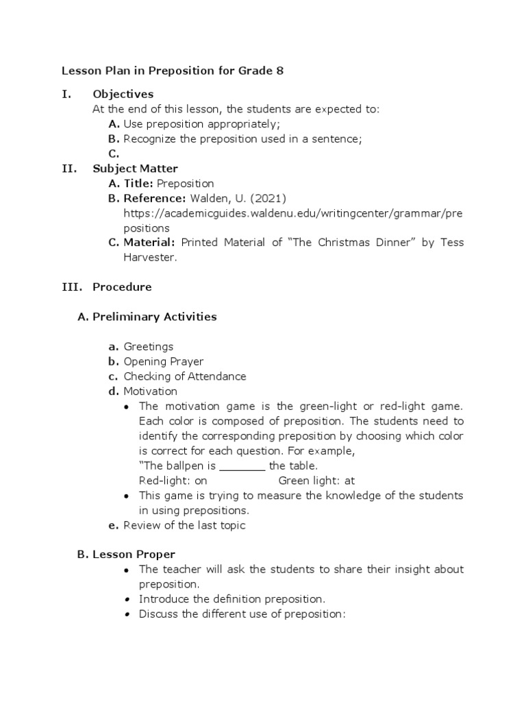 Lesson Plan in Preposition For Grade 8 | PDF | Lesson Plan | Preposition And Postposition