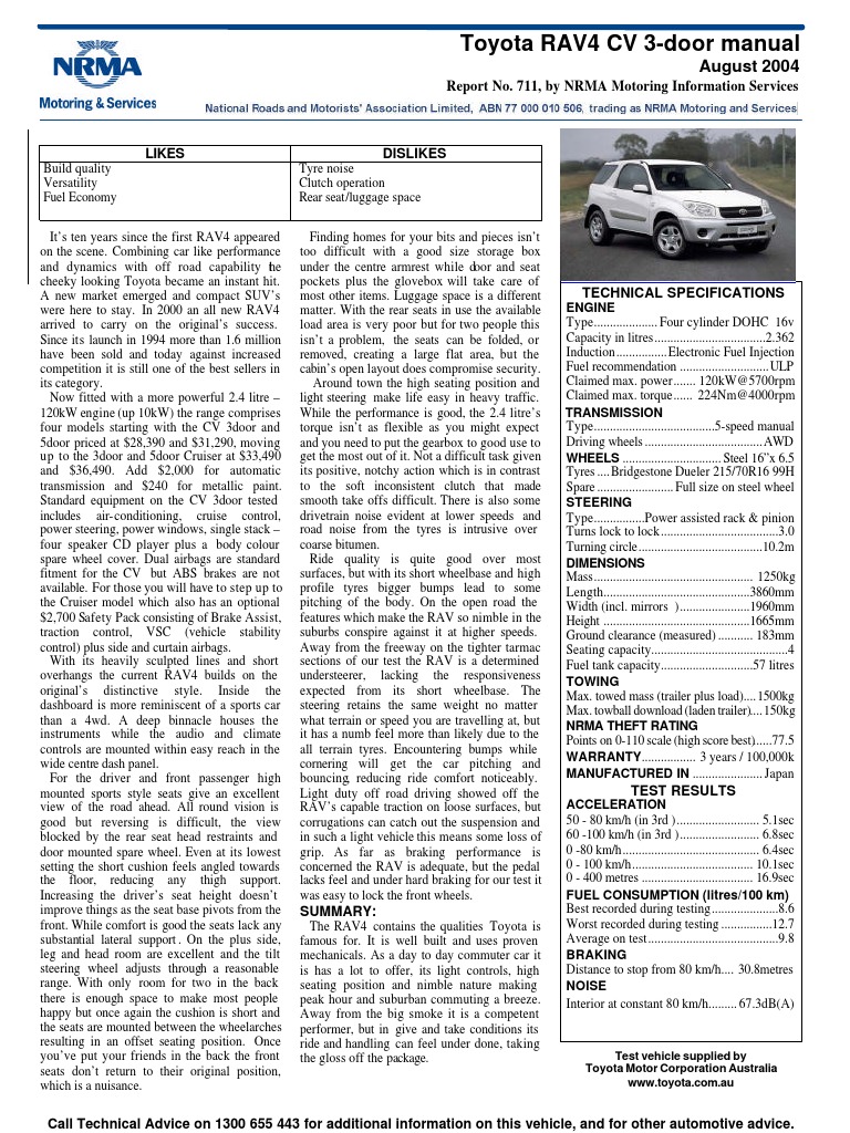 Toyota RAV4 CV 3-Door Manual: August 2004 | PDF | Manual Transmission ...