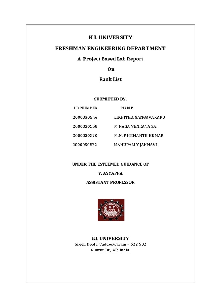 K L University Freshman Engineering Department: A Project Based Lab Report On Rank List | PDF ...