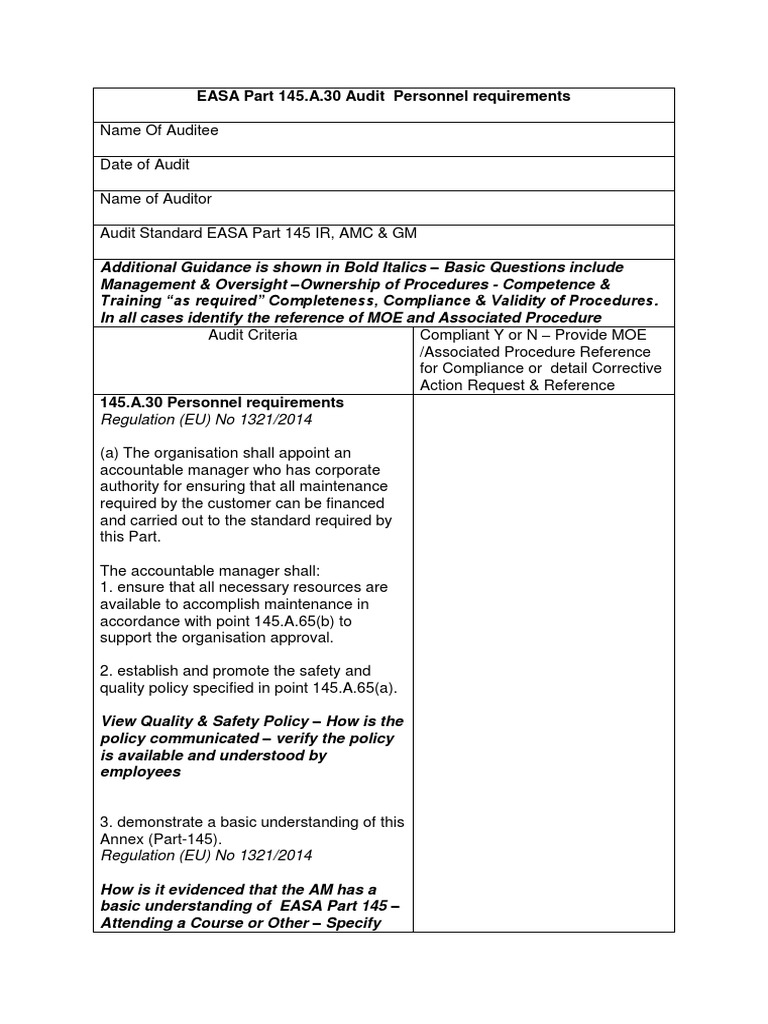 EASA Part 145.A.30 Personnel Audit Guide | PDF | Nondestructive Testing ...