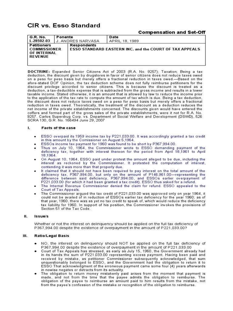 CIR vs. Esso Standard: Compensation and Set-Off | PDF | Taxes | Tax ...