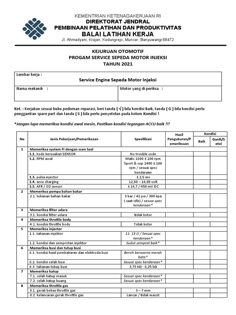 Jobsheet Service Engine Injeksi | PDF | Teknologi & Rekayasa
