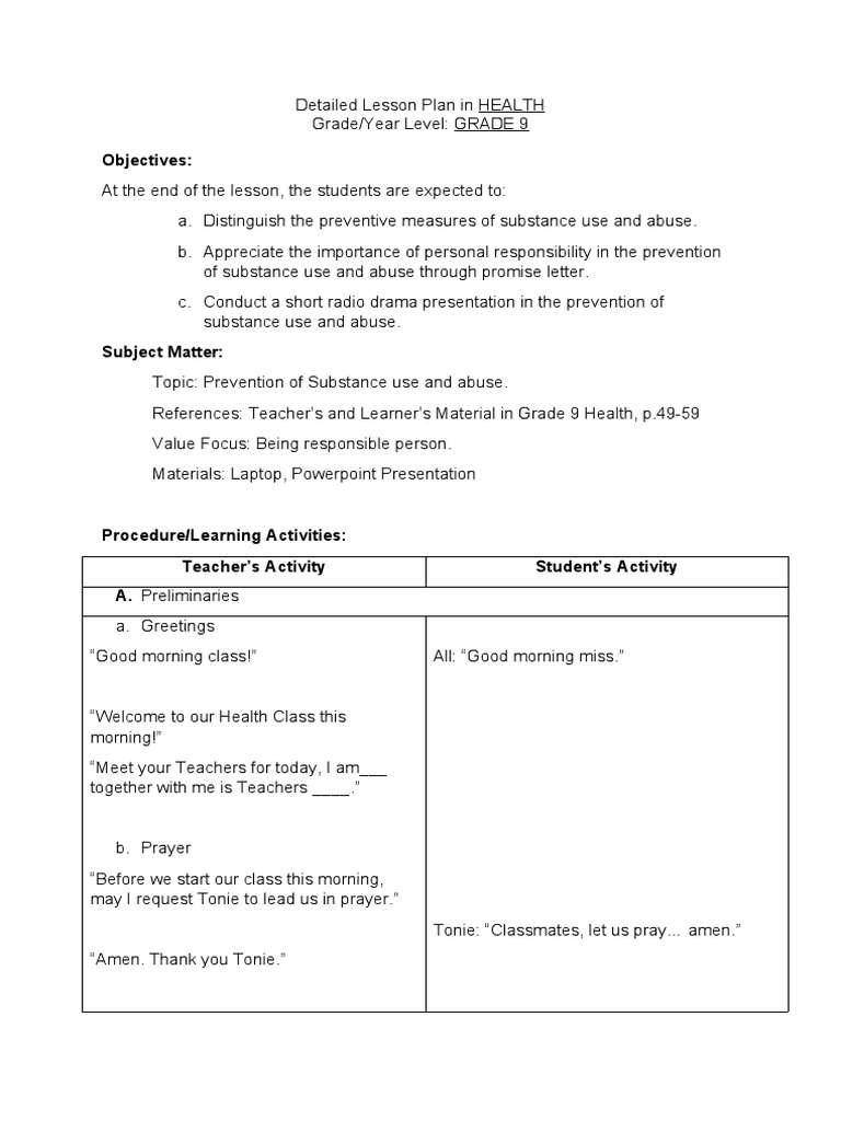 Grade 9 Health Lesson: Substance Abuse Prevention | PDF | Substance ...