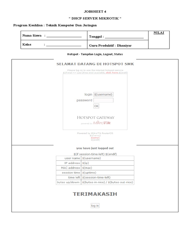 JOBSHEET MIKROTIK 6.1 Hotspot - Tampilan Login, Logout, Status | PDF | Bisnis | Komputer
