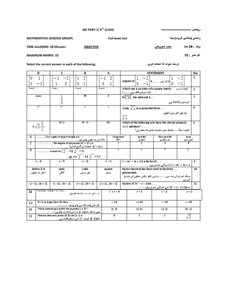 Full Book Test of 9th | PDF