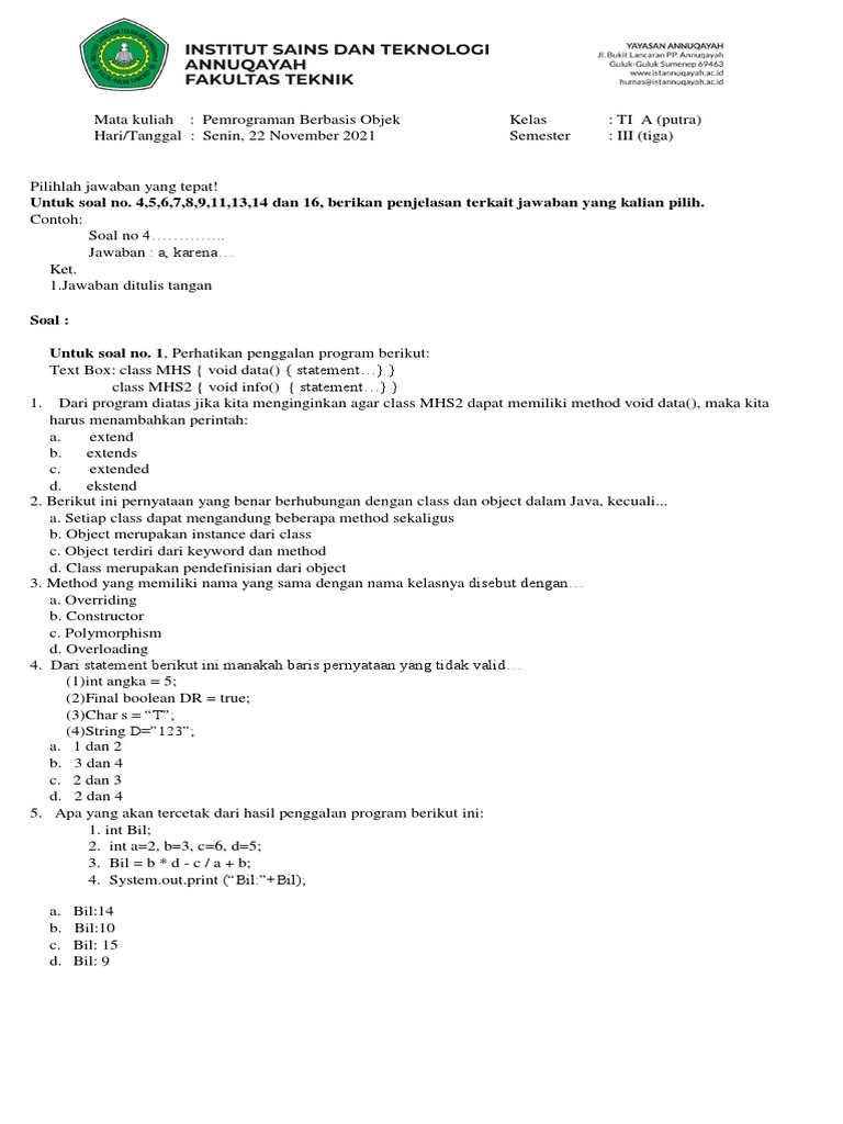 Soal Pemrograman Berbasis Objek | PDF