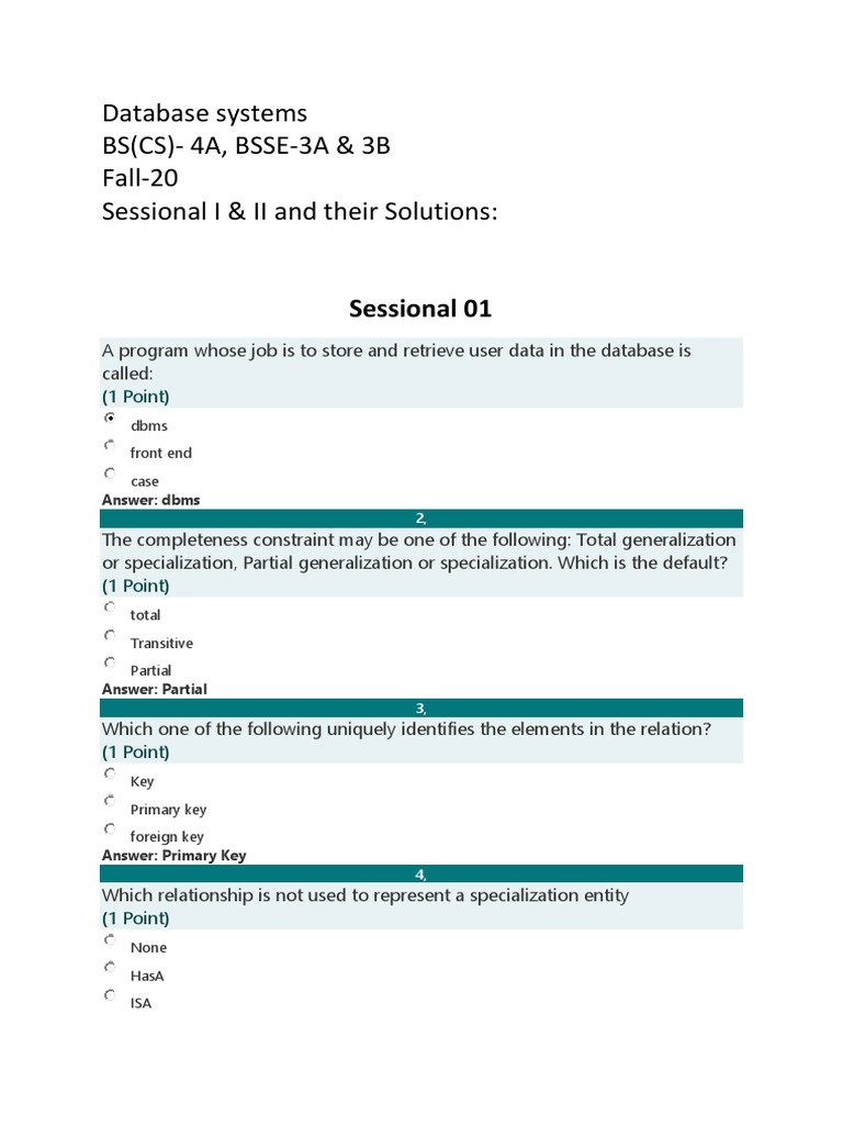 Database Systems BS (CS) - 4A, BSSE-3A & 3B Fall-20 Sessional I & II and Their Solutions | PDF ...