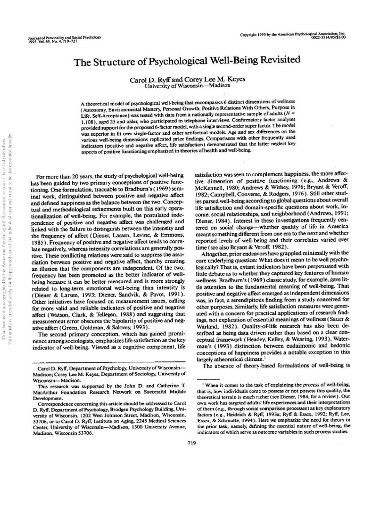Ryff CD, Keyes CL. The Structure of Psychological Well Being Revisited ...