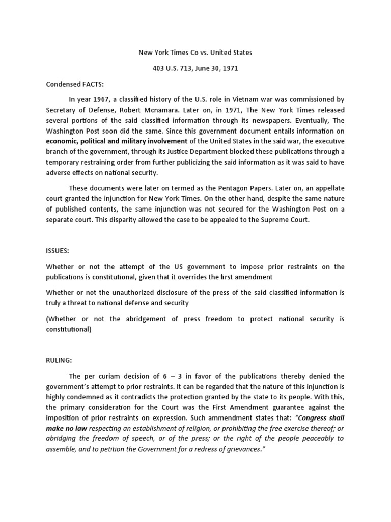 New York Times Co v. United States | PDF | First Amendment To The ...