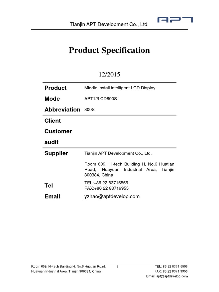 Product Specification: Product Mode Abbreviation Client Customer Audit ...