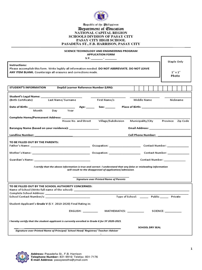 APPLICATION FORM For PCWHS-STE Admission | PDF | Birth Certificate | Parent