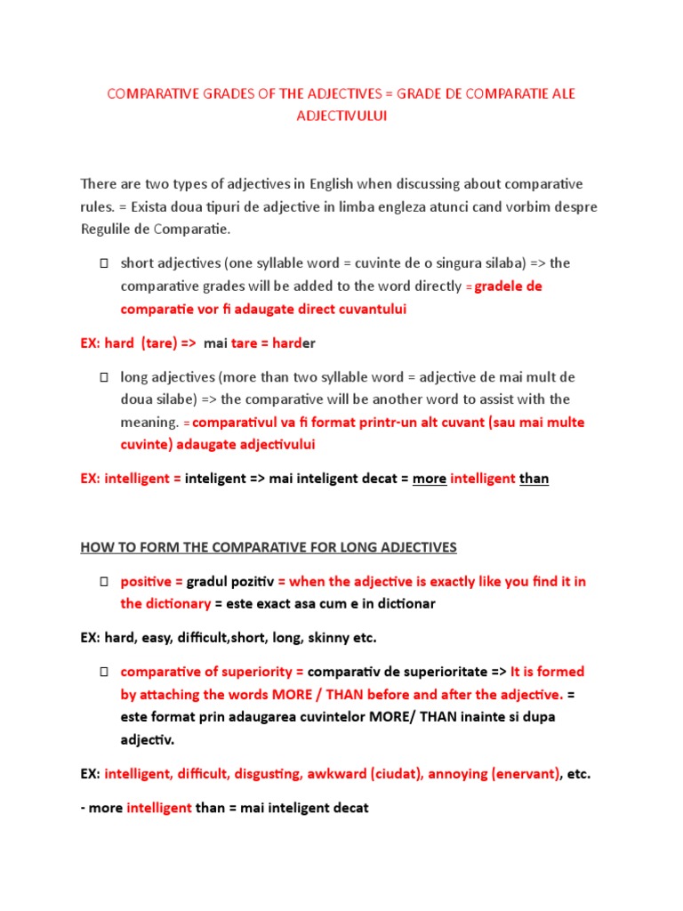 Comparative Grades of The Adjectives Grade de Comparatie Ale ...