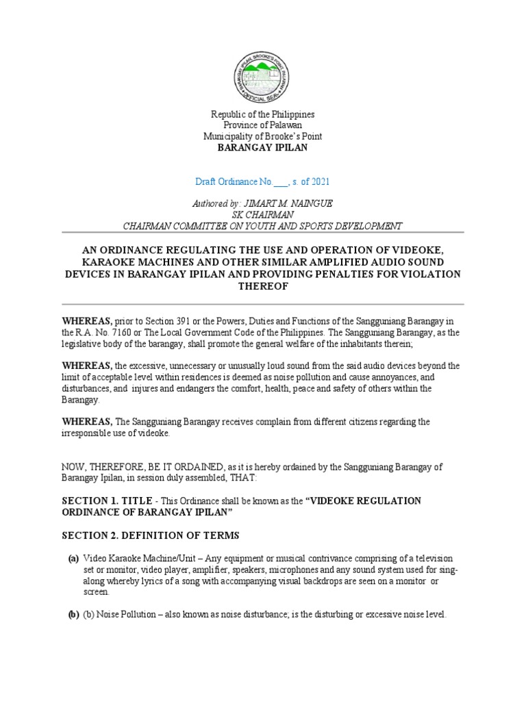 Videoke Regulation Ordinance Ipilán | PDF | Public Law | Government