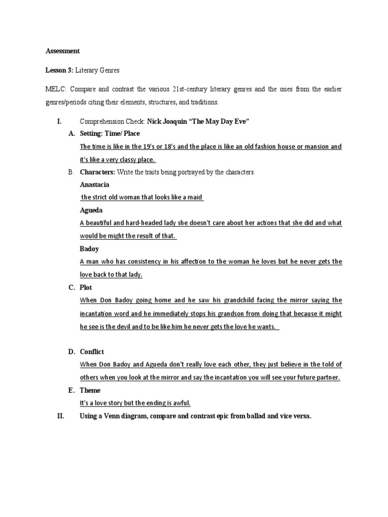 Assessment Lesson 3: Literary Genres | PDF | Genre | Poetry